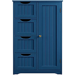 Yaheetech Wooden Bathroom Floor Cabinet, Side Storage Organizer Cabinet with 4 Drawers and 1 Cupboard, Freestanding Entryway Storage Unit Console Table, Bathroom Furniture Home Decor, Navy Blue