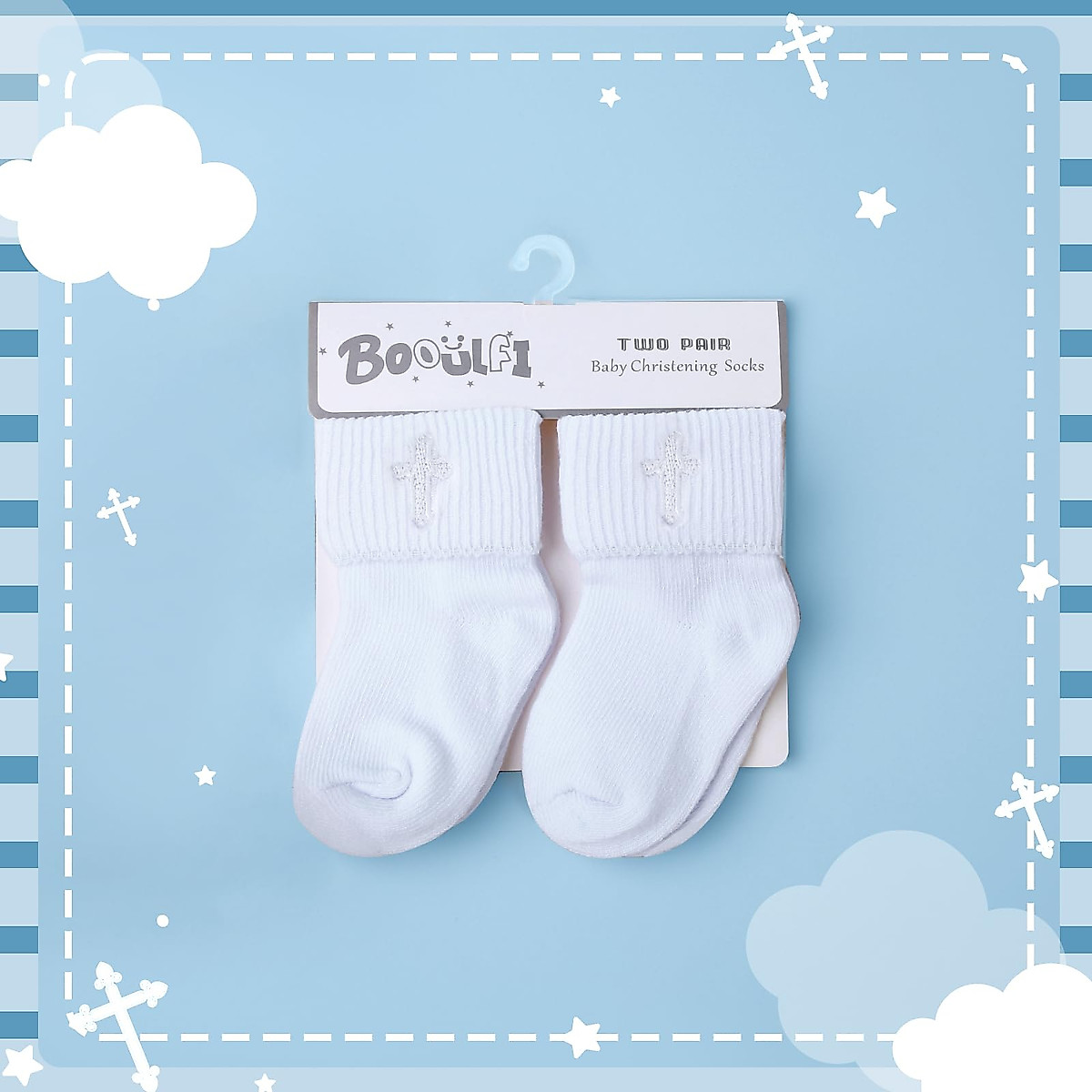 Booulfi White Newborn Socks for Boys 2 Pairs Packed Cross Embroidery Baby Socks 6-12 Months Organic Cotton Baby Socks For Baptism Christening