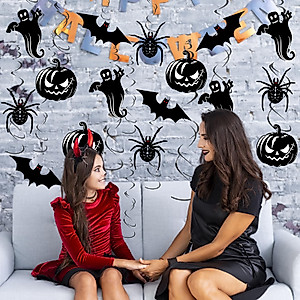 32Pcs Halloween Hanging Swirl Decorations, Halloween Party Decorations with Black Spider Pumpkin Sign Swirls for Home Indoor Outdoor Party Office Decor Supplies
