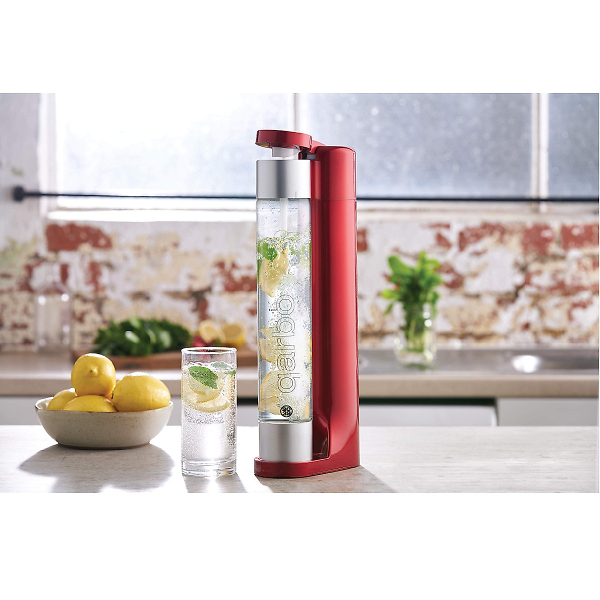 Twenty39 qarbo sparkling water maker Party Plus Bundle with 4 bottles, 3 aircharge caps and cleaning brush (Metallic Red)