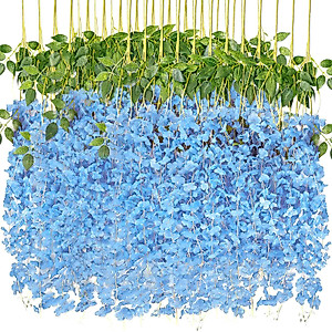 Ranslen 48 Pieces Artificial Wisteria Flower Hanging Silk Garland Vine Ratta Wedding Decor String Home Party Garden Outdoor Decoration Supplies (Blue, 48)