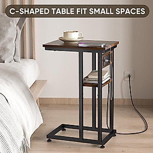BALEINE Side Table with Charging Station, C-Shape End Table with Dual USB-C Ports and Outlets, Couch Table, Bedside Table for Small Spaces, Living Room, Bedroom (Rustic Brown)