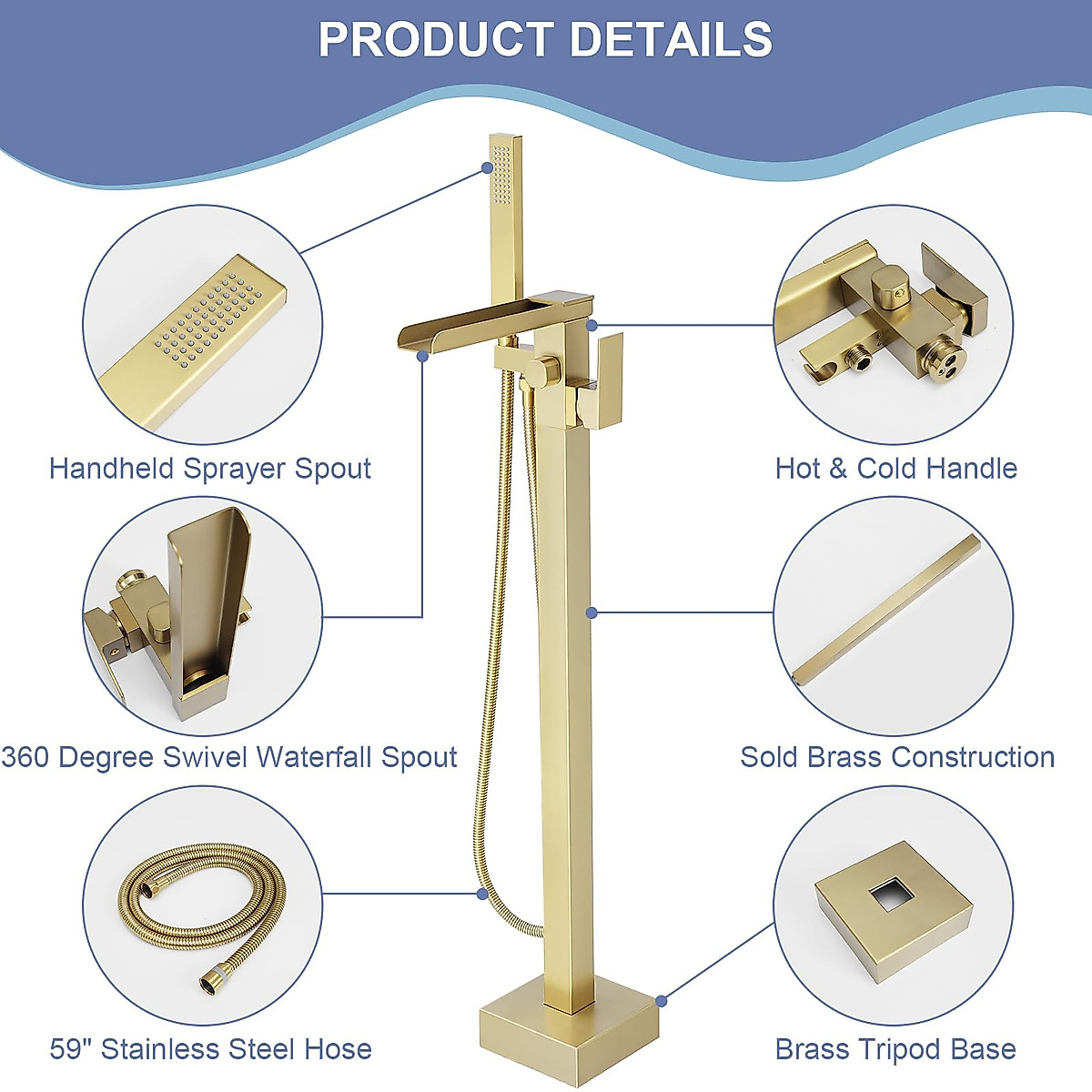Freestanding Bathtub Faucet Brushed Gold Waterfall Bathtub Faucet Floor Mount Tub Filler Single Handle Bathtub Shower Faucets with Hand Shower Swivel Spout Brass Mixer Tap by BWE