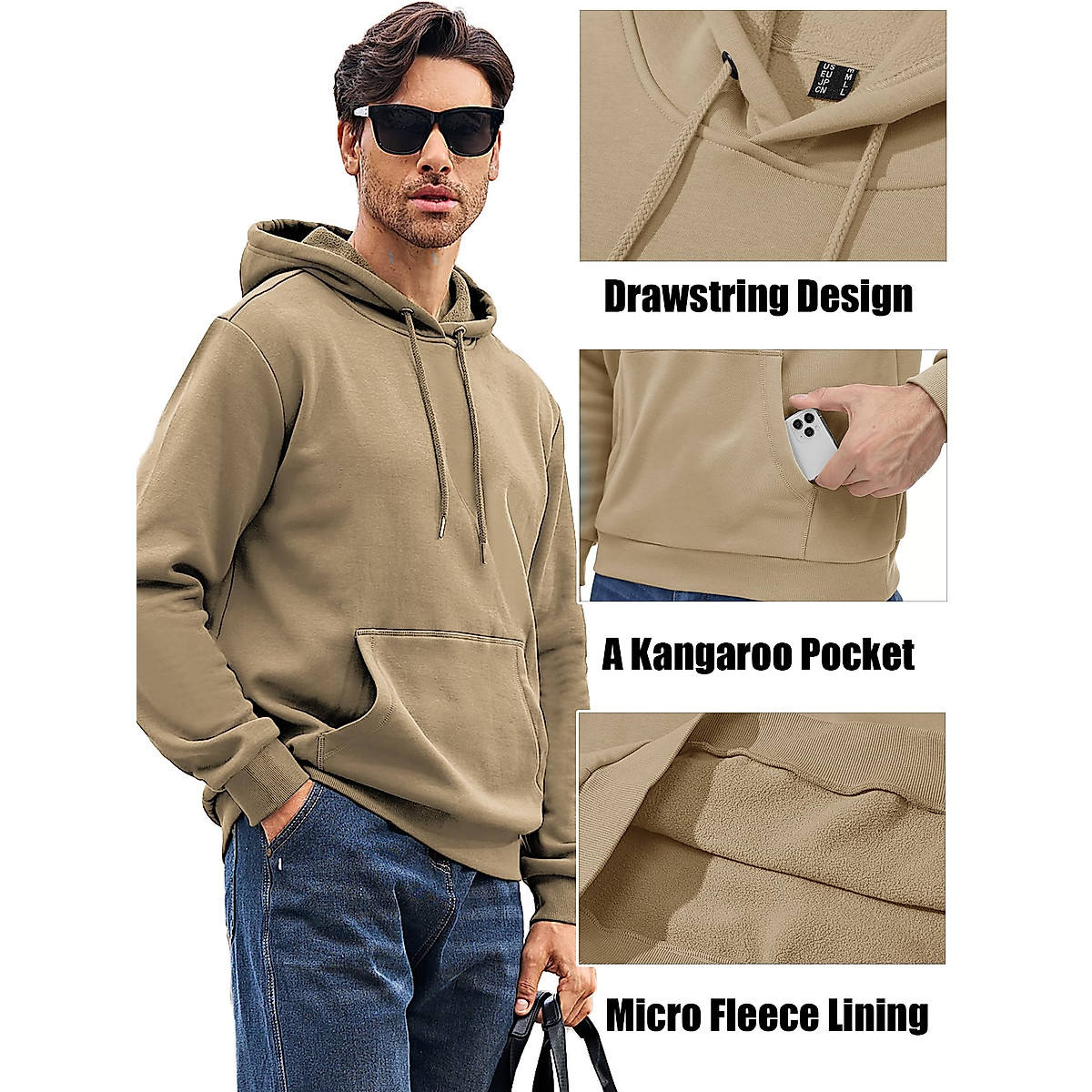 MAGCOMSEN Mens Hoodies Pullover Athletic Workout Hoodies Fall Warm Midweight Pullover Casual Sweatshirts Plain Hooded Sweatshirts Khaki XL
