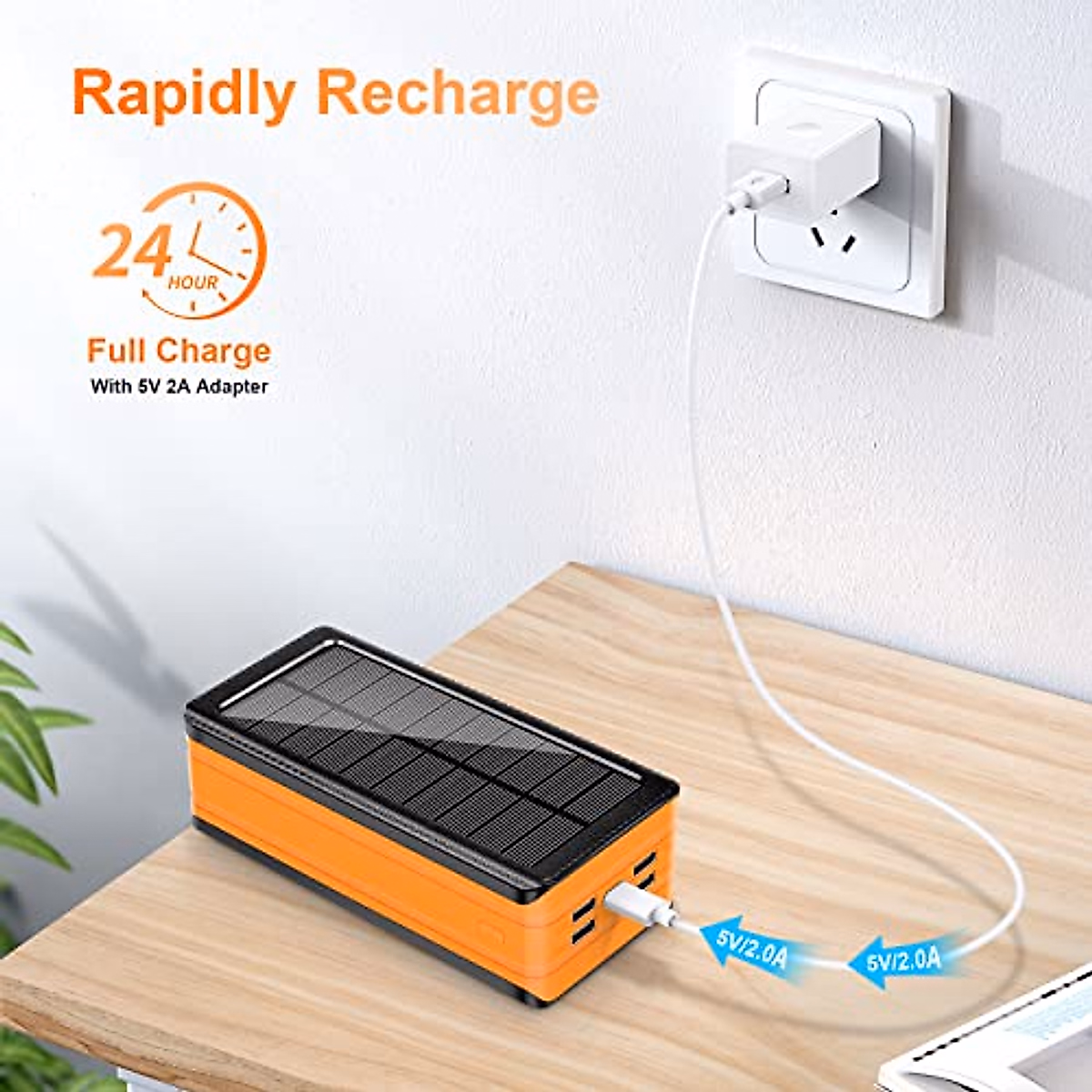 Solar Charger Power Bank, 60000mAh Portable Charger Compatible with iPhone, Cell Phone, 32 LEDs External Battery Pack for Outdoor Camping, Home Emergency, 4 Output& 2 Input Ports (Orange)