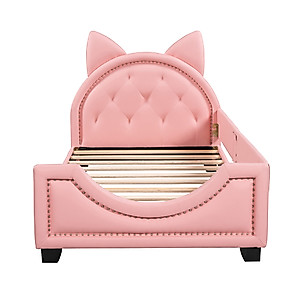 SPOFLYINN Twin Size Upholstered Leather Bed with Carton Ears Shaped Headboard for Girls Boys Twin Size Upholstered Day Bed Pink