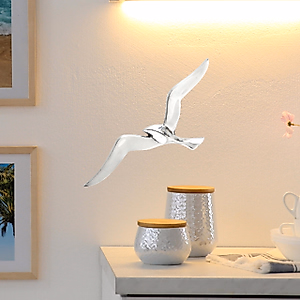 WHW Whole House Worlds Americana Flying Sea Gull Wall Sculpture, Handcrafted, Cast of Fine Silver Aluminum, 14 x 5 Inches (36 cmx 14 cm)
