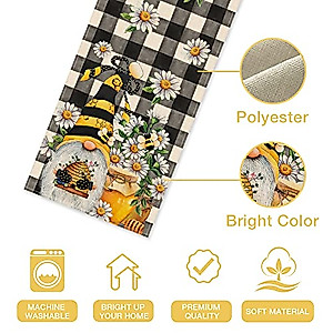 Seliem Spring Bee Gnome Table Runner, Honey Black White Buffalo Plaid Check Home Kitchen Dining Decor, Summer Seasonal Farmhouse Daisy Decorations Indoor Outdoor Anniversary Party Supply 13 x 72 Inch