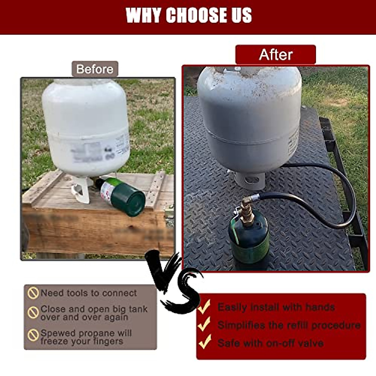 ATKKE Propane Refill Adapter Hose for 1 lb. Tanks, 48'' Propane Gas Extension Hose Fill 1lb Bottles from 20lb Tank, On/Off Shutoff Control Valve (QCC1 Type1 Inlet),4 Feet