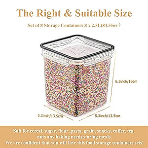 Blingco Cereal Container Food Storage Containers, Airtight Dry Food Storage Containers Set of 8 (2.5L/85oz) for Flour, Sugar, Cereal and Pantry Storage Containers with Black Locking Lids