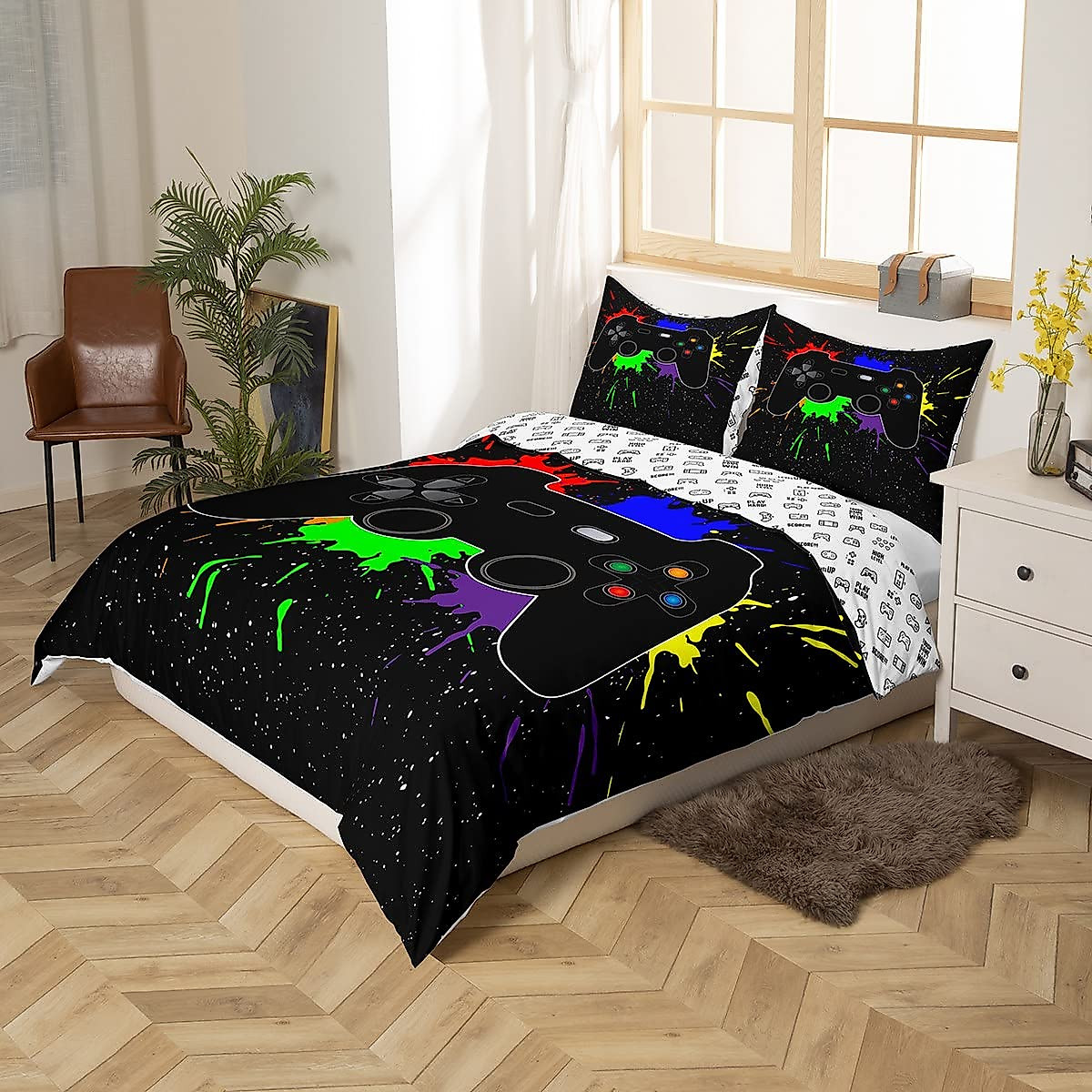 Gamer Bedding Sets for Boys, Gaming Duvet Cover Set Twin Size,Boys Video Games Comforter Cover,Playstation Designs Bed Set for Teen Boys Bedroom,Gamepad Controller,2 Piece with 1 Pillow Sham