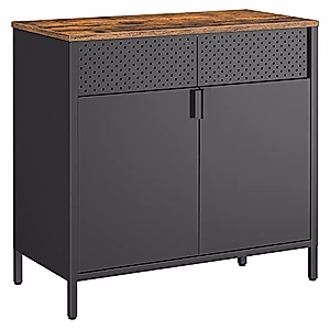 SONGMICS Storage Sideboard, Buffet Table with Adjustable Shelves, Floor Storage Cupboard, Steel Frame, Rustic Brown and Black ULSC102B01