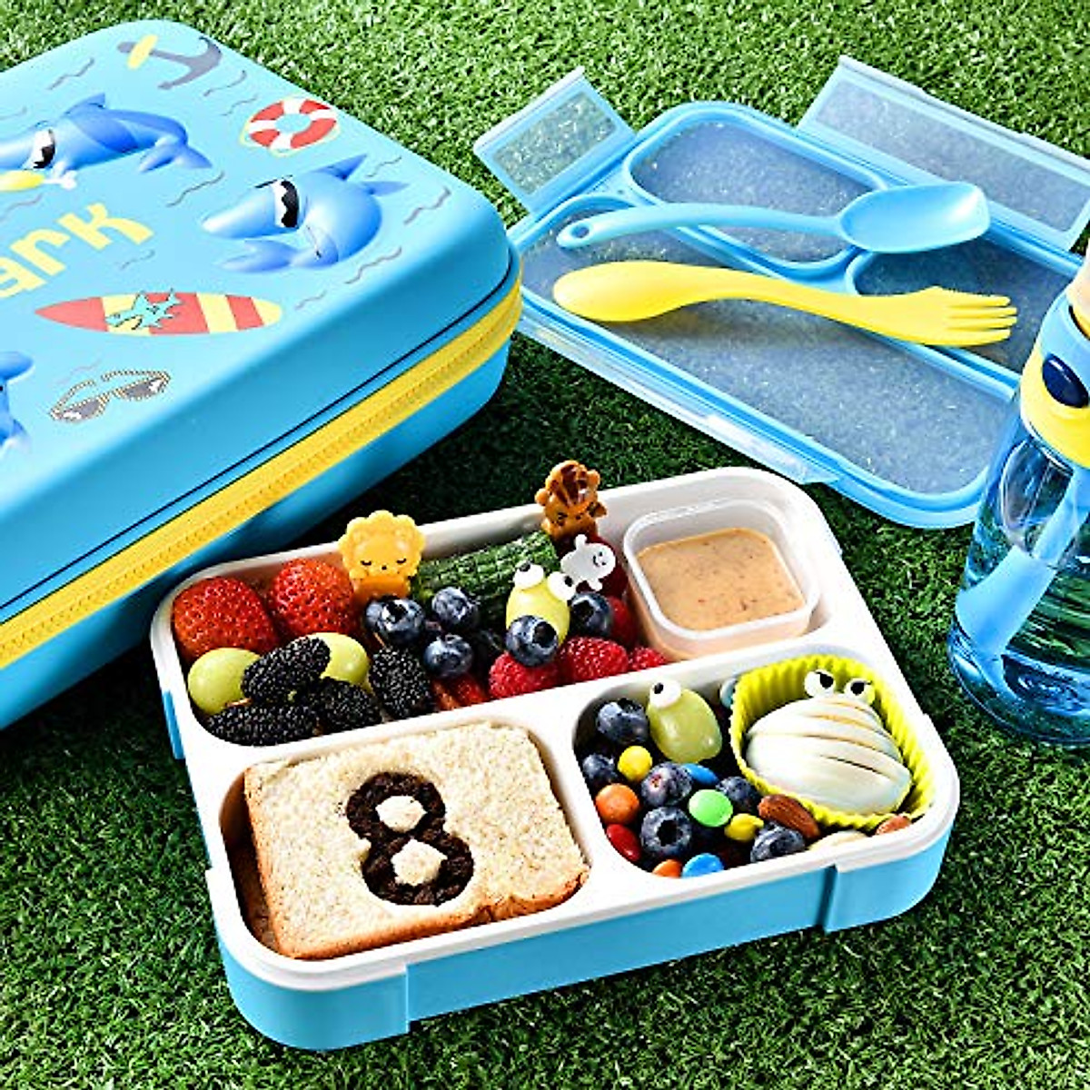 COO&KOO Shark Lunch Bag Lunch Box Set, Include 3D Insulated Cooler Bag & Leakproof Water Bottle Pineapple Ice Pack Multipurpose Spork Spoon Silicone Cups Salad Box, Great for School Girls or Boys