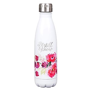 Christian Art Gifts Stainless Steel Double Wall Vacuum Insulated Laser Engraved Water Bottle: Be Still & Know - Ps. 46:10 Inspirational Bible Verse for Hot & Cold Beverages, White/Pink Floral, 17 oz.