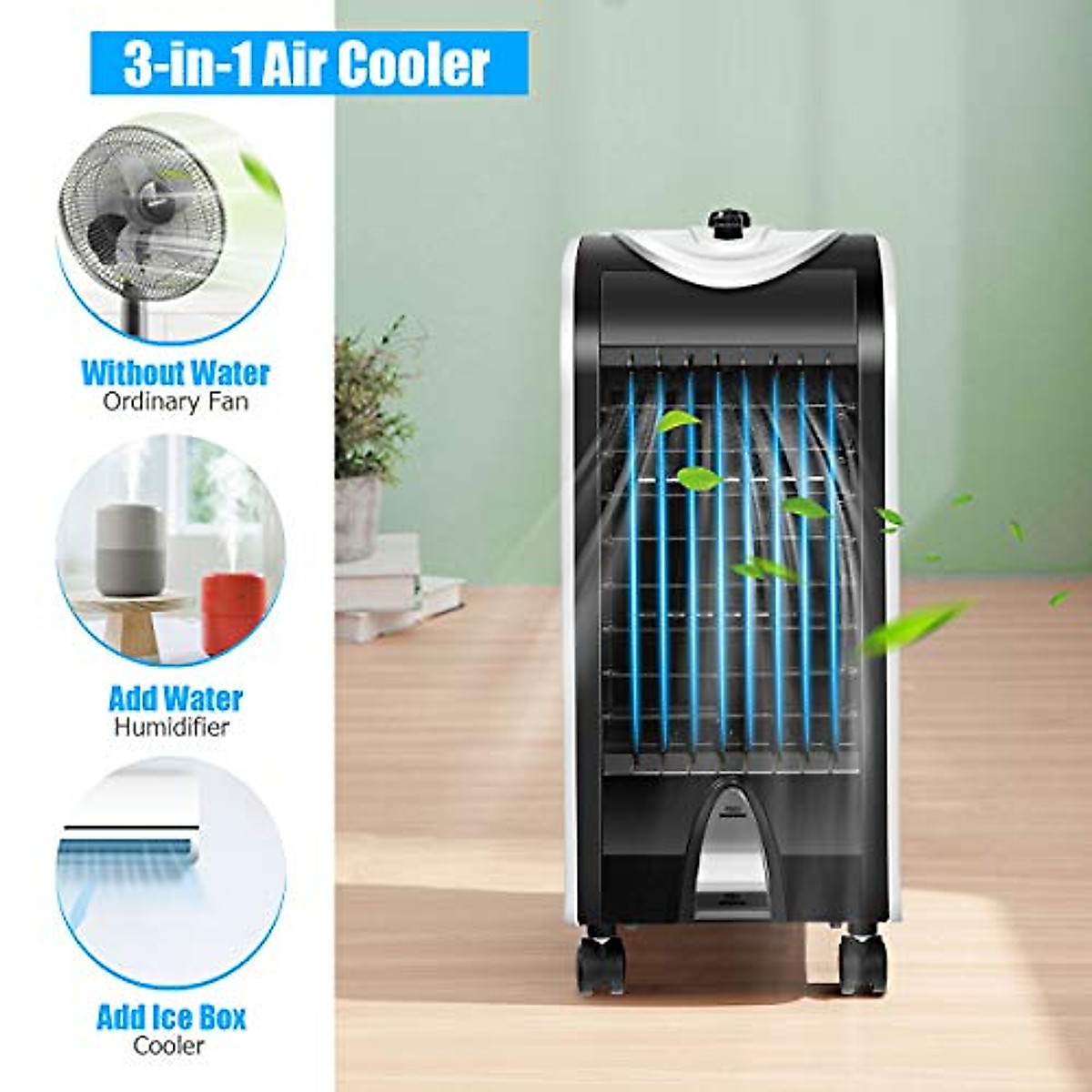 GOFLAME Evaporative Air Cooler, 3-in-1 Portable Cooling Fan with 3 Speeds and Time Function, Bladeless Air Cooling Machine with Fan & Humidifier for Home Office Dorms