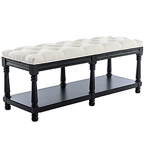 Kmax Storage Entryway Bench Tufted Shoe Rack Bench Black Wood Window Bench for Hallway Entrance Bedroom Corner, Beige