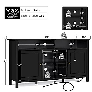 Yaheetech Black TV Stand with Doors for TVs up to 65 in, Modern TV Console with Power Outlet & Storage Shelf, Mid-Century Entertainment Center for Living Room, 31 in Tall