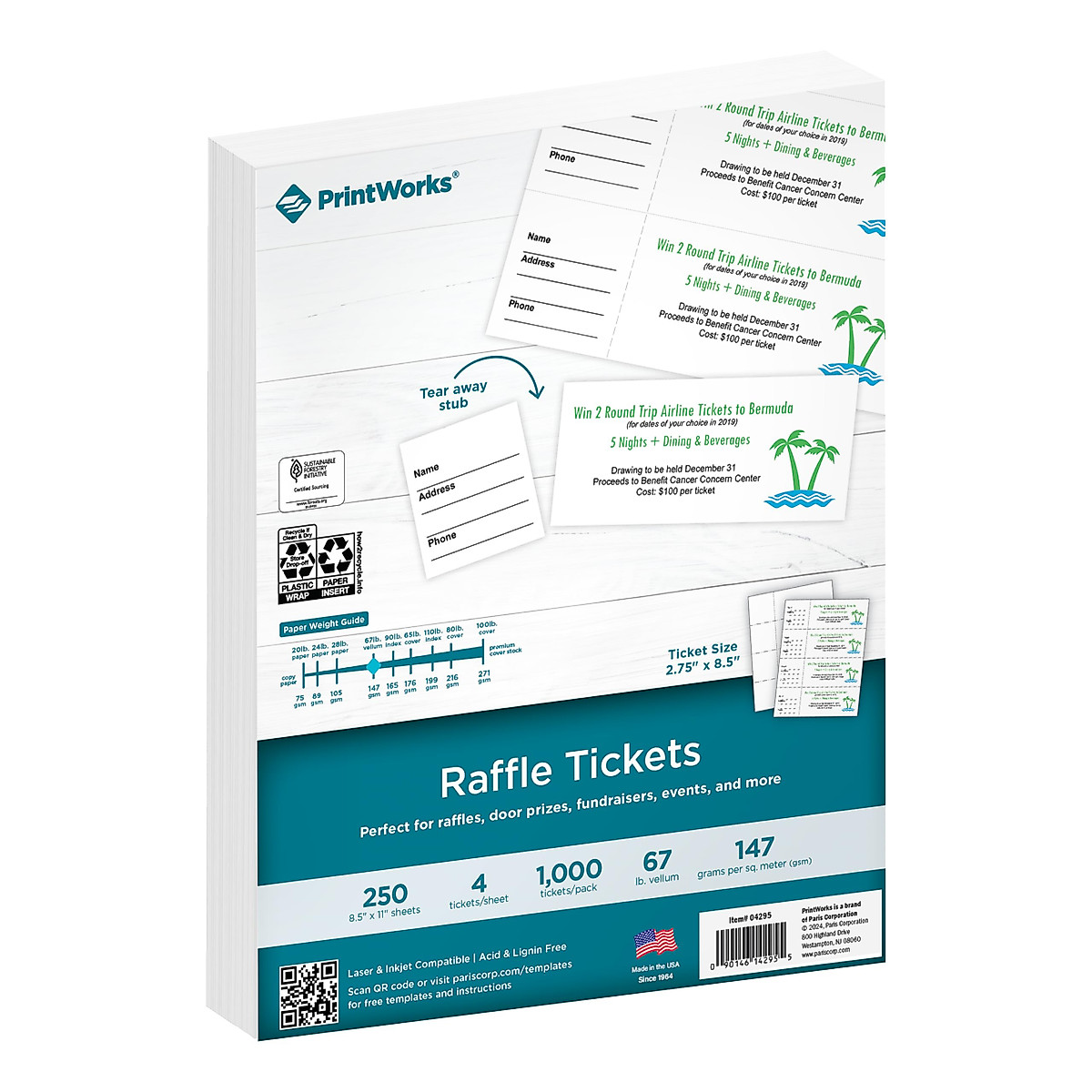 PrintWorks Raffle Tickets, Perforated Cardstock for Tickets with Tear-Away Stubs, 8.5 x 11, 67lb/147gsm, 4 Tickets Per Sheet, 250 Sheets, 1000 Tickets Total, White (04295) (2.75 x 8.5)