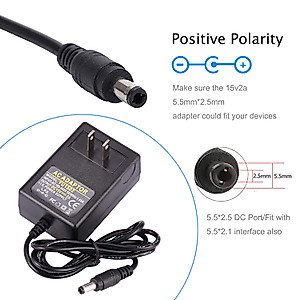 15V 2A Power Supply Adapter - COOLM AC 100-240V 50-60hz DC 15 Volt 2 amp 30W Charger Transformer Interface Size 5.5x2.5mm 15V/2A 2000mA