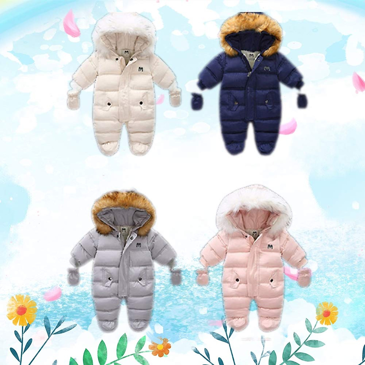 Pudcoco Toddler Baby Girls Boys Zipper Down Jumpsuits with Gloves, Winter Snowsuit Coat Romper Jumpsuit Outfits (D Pink Cotton Jacket + Gloves, 6-9M)