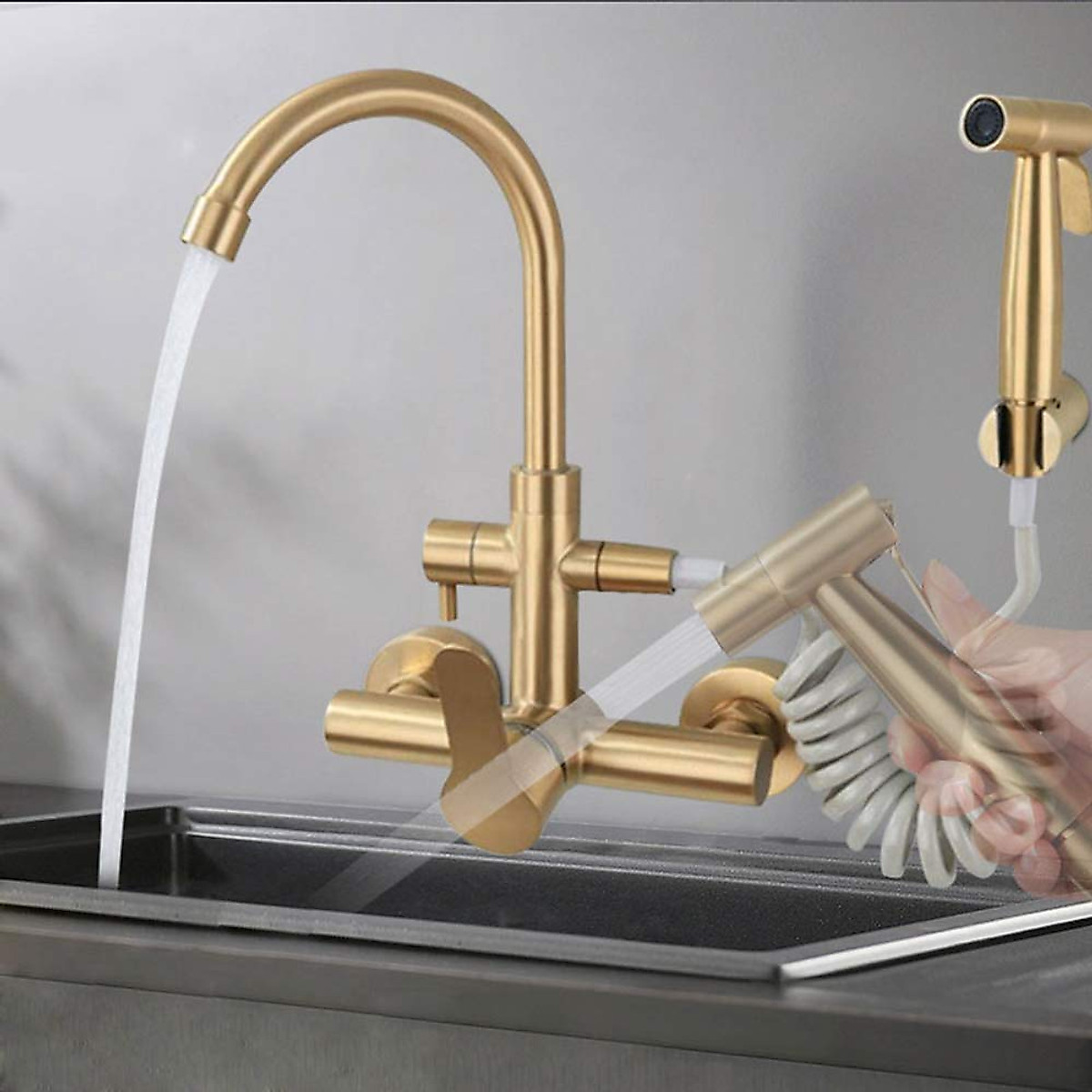 Bidet Sprayer Faucet Set Brass Brushed Gold Handheld Toilet Bidet Attachment Pressure Sprayer Wall Mount Portable Set with Cold and Hot/Type a (Type B)