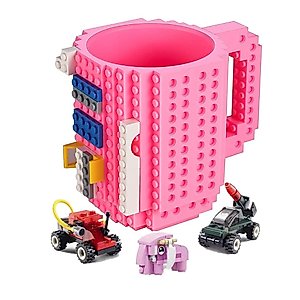 Gvendo Build on Brick Coffee Mug, Fun Gaming Mugs with Handle DIY Pink Large Coffee Cup Funny Gifts for Men Women Office Work or Childhood Education
