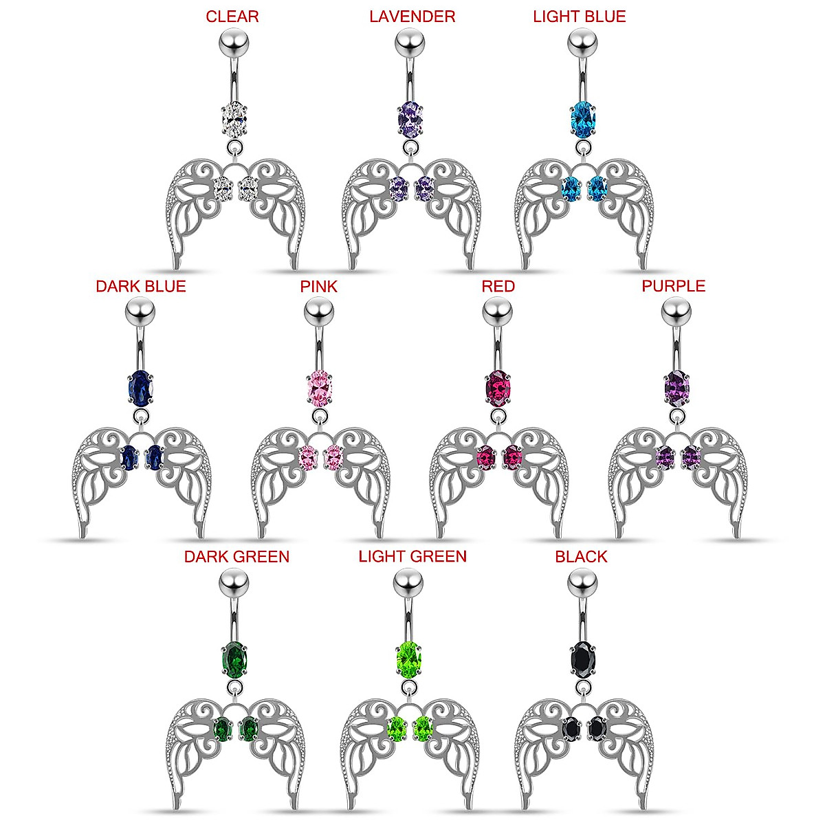 Dark Blue Gemstone Fancy Angel Wings with Floral Dangling Design 925 Sterling Silver with Stainless Steel Belly Button Navel Rings