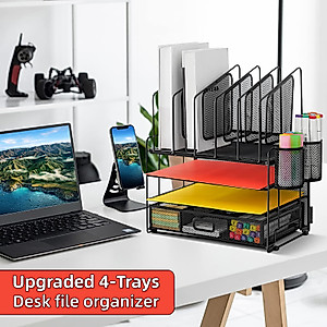 Marbrasse Desk Organizer with Drawer, 4-Tier Mesh Desk File Organizer with 5 Vertical File Holders and 2 Pen Holders, Multifunction Desktop Organizer,Desk Organizers and Accessories for Home Office