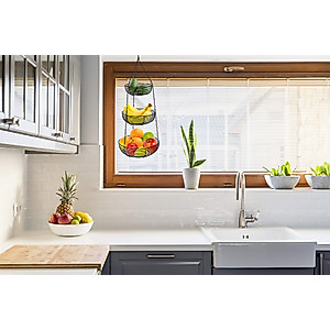 CAXXA 3-Tier Hanging Basket Fruit Organizer Kitchen Heavy Duty Wire Organizer with 2 Free Bonus Metal Ceiling Hooks, Black