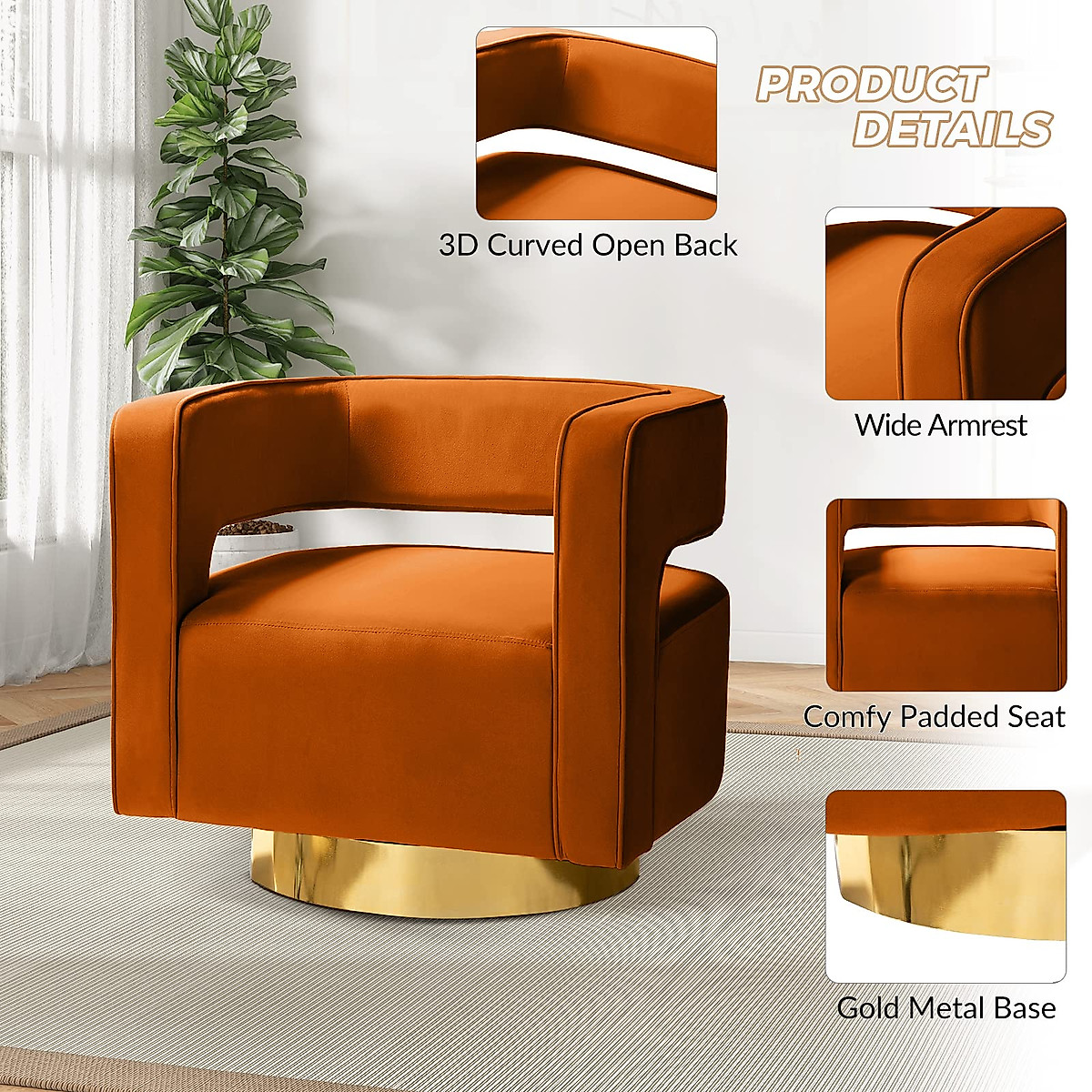 HULALA HOME Swivel Accent Barrel Chairs Set of 2, Modern Velvet Accent Chairs with 3D Curved Open Back & Swivel Gold Metal Base, Velvet Club Lounge Chairs for Living Room Bedroom Nursery, Orange