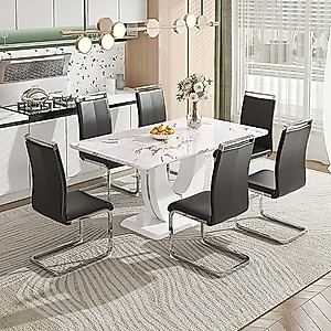 LKTART 63'' Dining Table Faux Marble White Desktop for Kitchen Dining Living Room