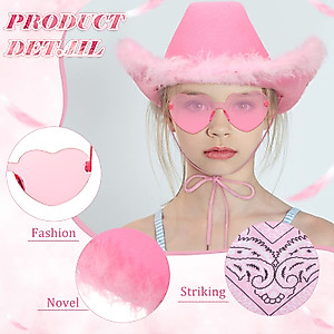 Handepo 6 Pcs Cowboy Hat Set Cowgirl Hat with Feather Heart Shaped Sunglasses Paisely Bandana Accessories for Women Men Bachelorette Party Costume, Assorted Colors
