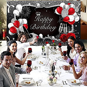 Silver and Black Happy Birthday Backdrop Happy Birthday Banner Red Large Sequin High Heels Champagne Rose Balloons Background for Women Men Party Decorations, 72.8 x 43.3 Inch