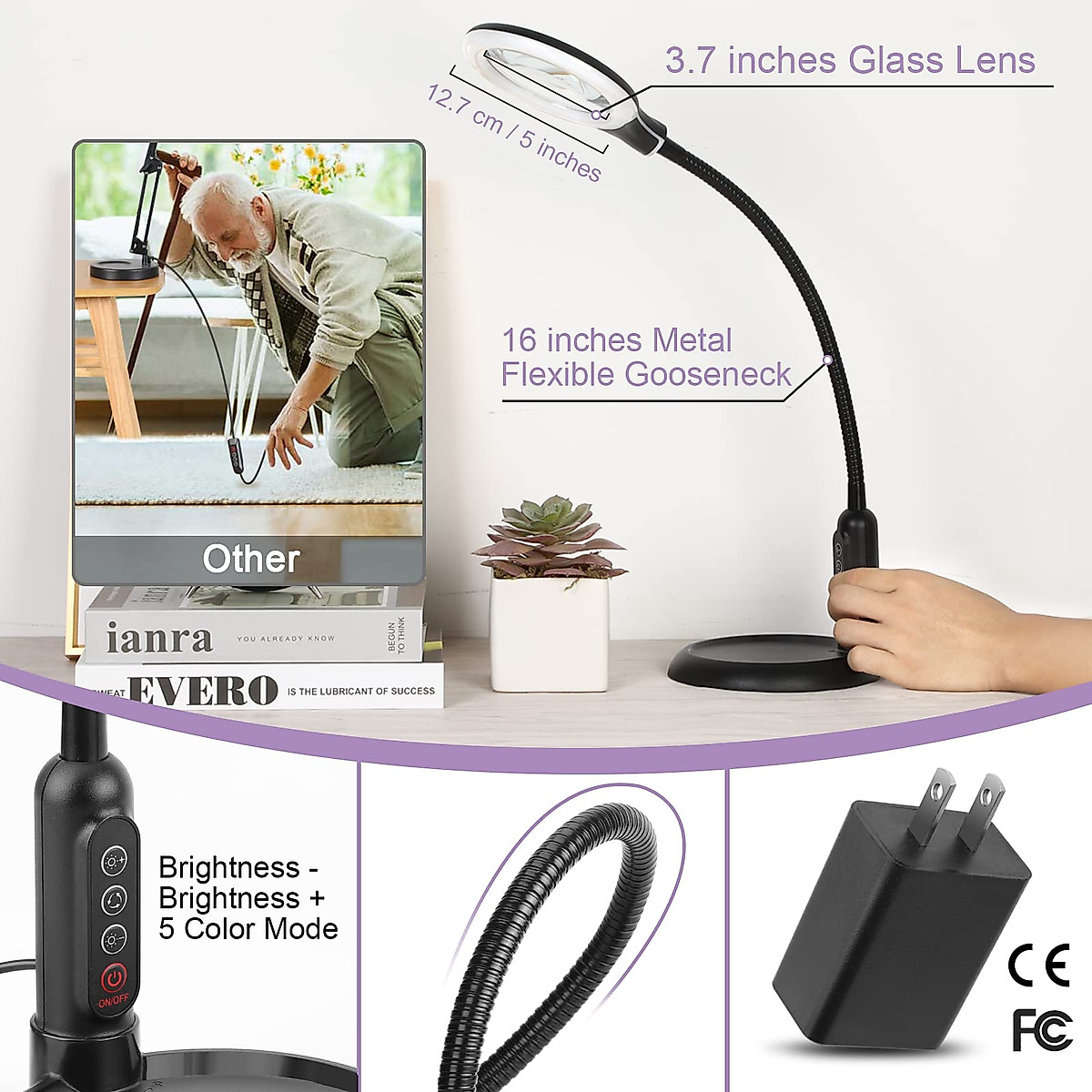 Jeedefi 2-in-1 10X Magnifying Glass with Light and Stand, 5 Color Modes Stepless Dimmable LED Magnifying Clamp Lamp, Desk Lighted Magnifier Hands Free for Crafts Close Work Painting Hobby, Black