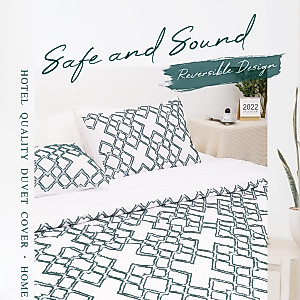 Safe and Sound Duvet Cover, Soft, Breathable 3 Pieces Bedding Set with Zipper Closure, 8 Corner Ties, 2 Pillow Shams, 1 Duvet Cover for All Seasons (King, 104X90'', White & Green)
