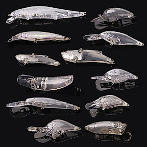 Unpainted Fishing Lures Crankbait Blanks Hard Lures Kit with 3D Eyes Blank Fishing Lure Making Kit Lipless Crankbait Minnow Popper Jerkbait VIB Clear Bodies