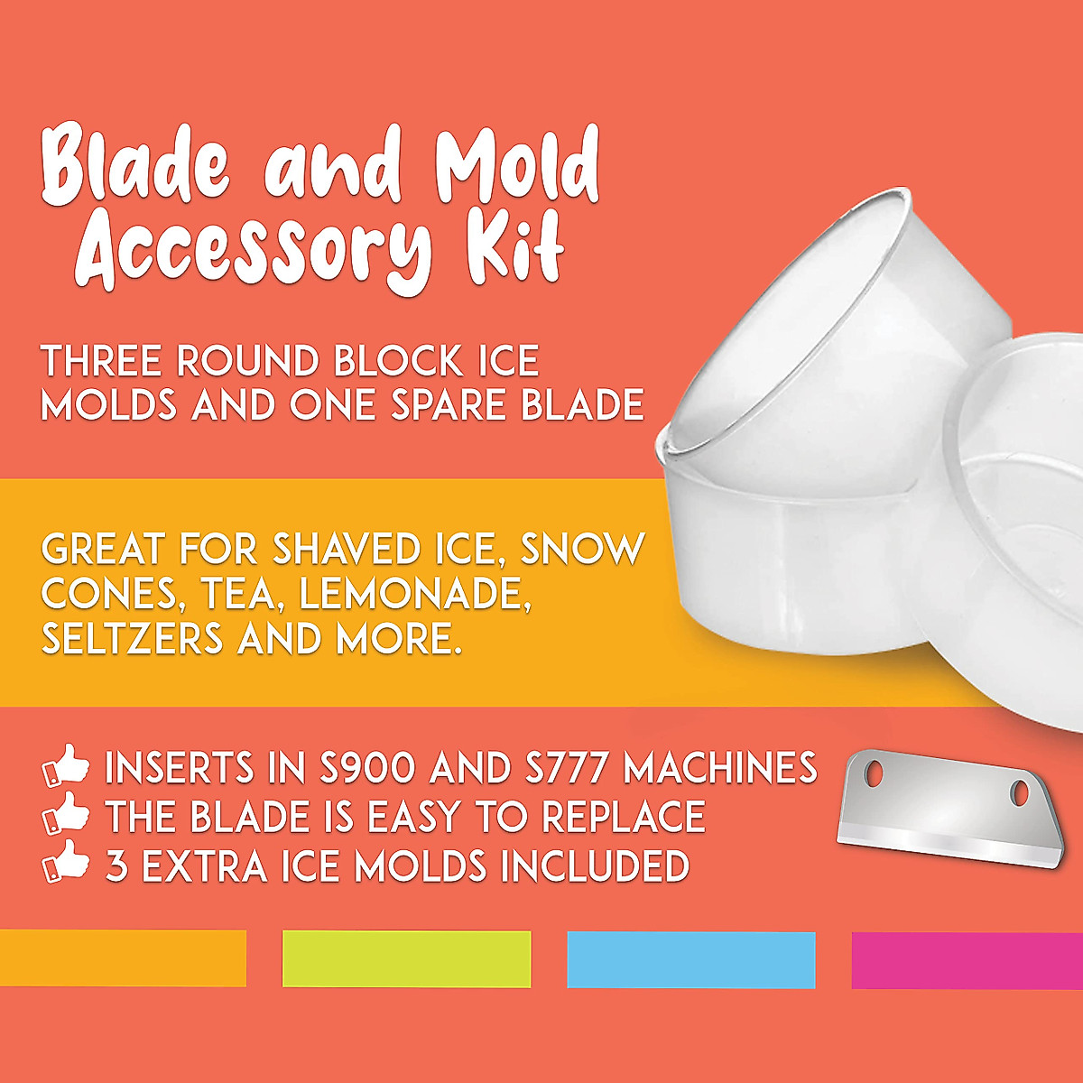 Hawaiian Shaved Ice Accessory Kit for S900A Shaved Ice Machine, with Stainless Steel Replacement Blade (2” x ⅛” x ⅞”) and 3 Food-Grade BPA-Free Plastic Round Block Ice Cups 4” Diameter, 1.9” Height