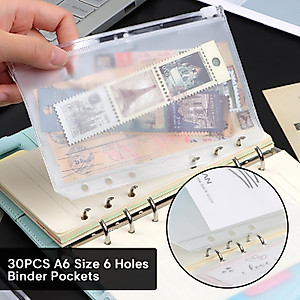 YOTINO 30PCS A6 Size 6 Holes Binder Pockets,Binder Zipper Folders, Waterproof PVC Clear Cash Budget Envelopes Binder Pouches, for 6-Ring Notebook Binder for Cards, Coins, Stamps