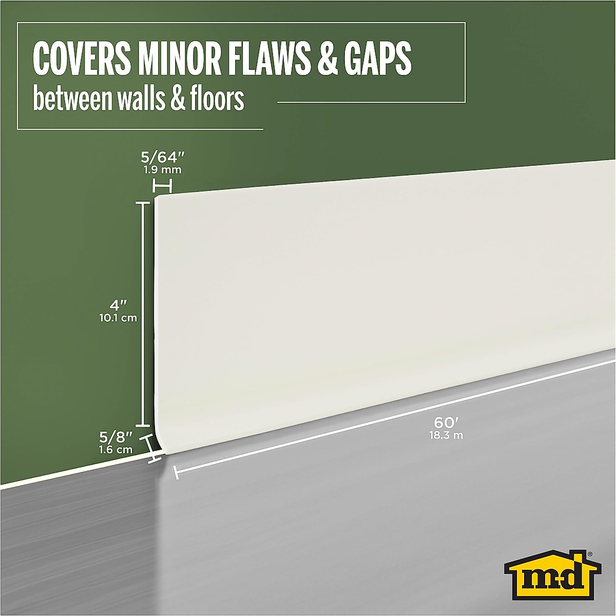 M-D Building Products 4-Inch x 60-Feet Dry Back Vinyl Wall Base, Flexible Dry Back Vinyl Trim with Toe - Easy Install Molding Trim for Floors and Baseboards, Almond (73899)