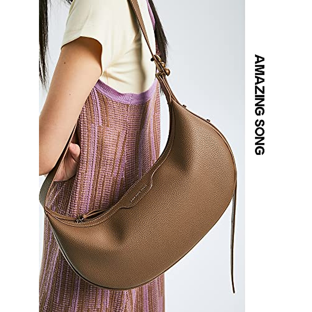 Amazing Song Hald Moon Crossbody Bag for Women, Designer Hobo Shoulder Handbag Togo Lether Adjustable Strap, Brown