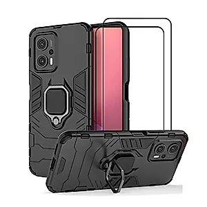 Compatible with Xiaomi Poco X4 GT Case Kickstand with Tempered Glass Screen Protector [2 Pieces], Hybrid Heavy Duty Armor Dual Layer Anti-Scratch Phone Case Cover, Black