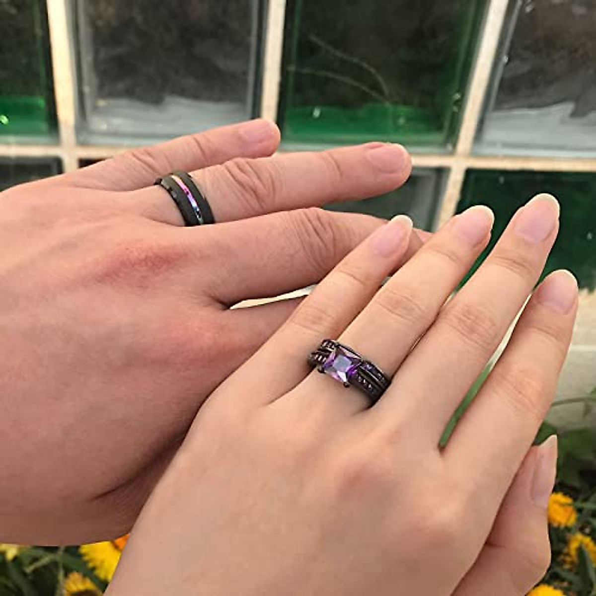 SHELOVES Black Plated Couples Women Purple Wedding Rings Sets His and Hers Men Tungsten Wedding Band 9+8
