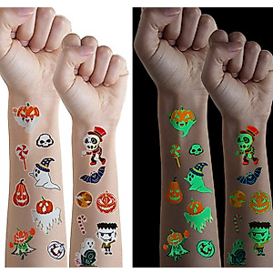 Halloween Tattoos for Kids, 10 Sheets 98 Pcs Glow in the Dark Halloween Temporary Tattoos Stickers for Halloween Party Favors Skeleton Pumpkin Tattoos Kids Prizes Trick or Treat Goodie Bag Stuffers