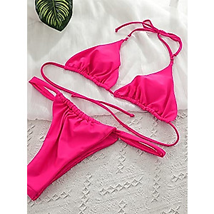SheIn Women's Sexy 2 Pcs Ruched Triangle Bikini Bra with Thong Swimsuit Sets Hot Pink Medium