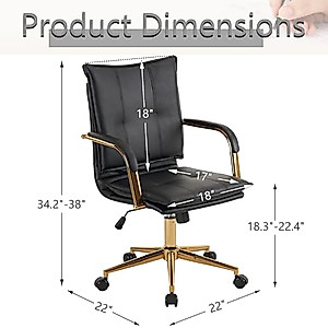 MOJAY Mid-Back Ergonomic Leather Office Desk Chair, Modern Upholstered Computer Chair, Executive Office Chair with Arms, Swivel Adjustable Rolling Chair with Gold Base (Black)