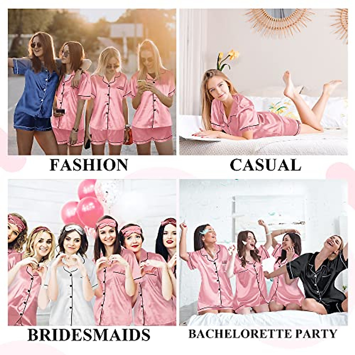 Unittype Women Silk Satin Pajama for Bridal Spa Wedding Party Short Sleeve Sleepwear Soft Button Down Loungewear 2 Pcs Pjs (as1, alpha, l, Pink)