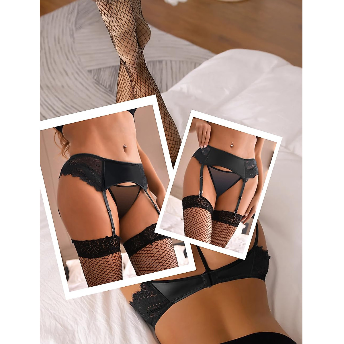 comeondear Garter Belt Plus Size Lace Women 4 Strap with G-String for Thigh Highs Black Lingerie for Women Black M