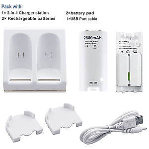 Wii Remote Charger, 2 in 1 Charging Station Charger Dock with 2 Pack 2800mAh Rechargeable Battery Fit for Wii/Wii U Remote Controller