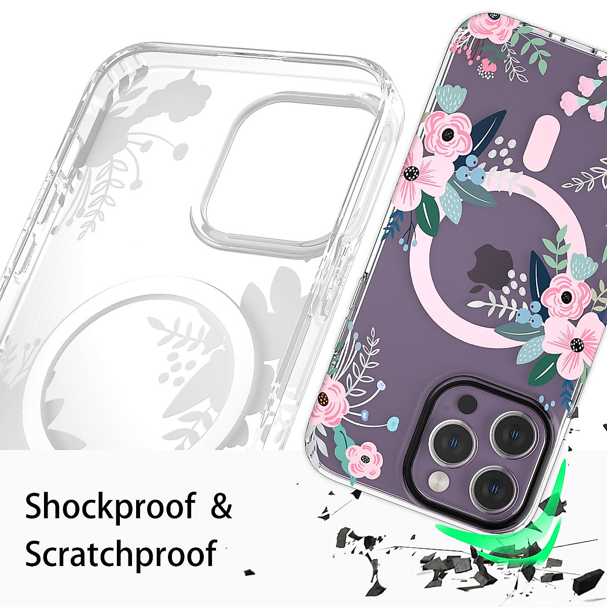 YeLoveHaw for iPhone 14 Pro Magnetic Phone Case for Women Girls, Rose Floral Green Leaves Pattern [Compatible with MagSafe] Slim Hard Clear Protective Cover for iPhone 14Pro 6.1'' (Pink Flower)