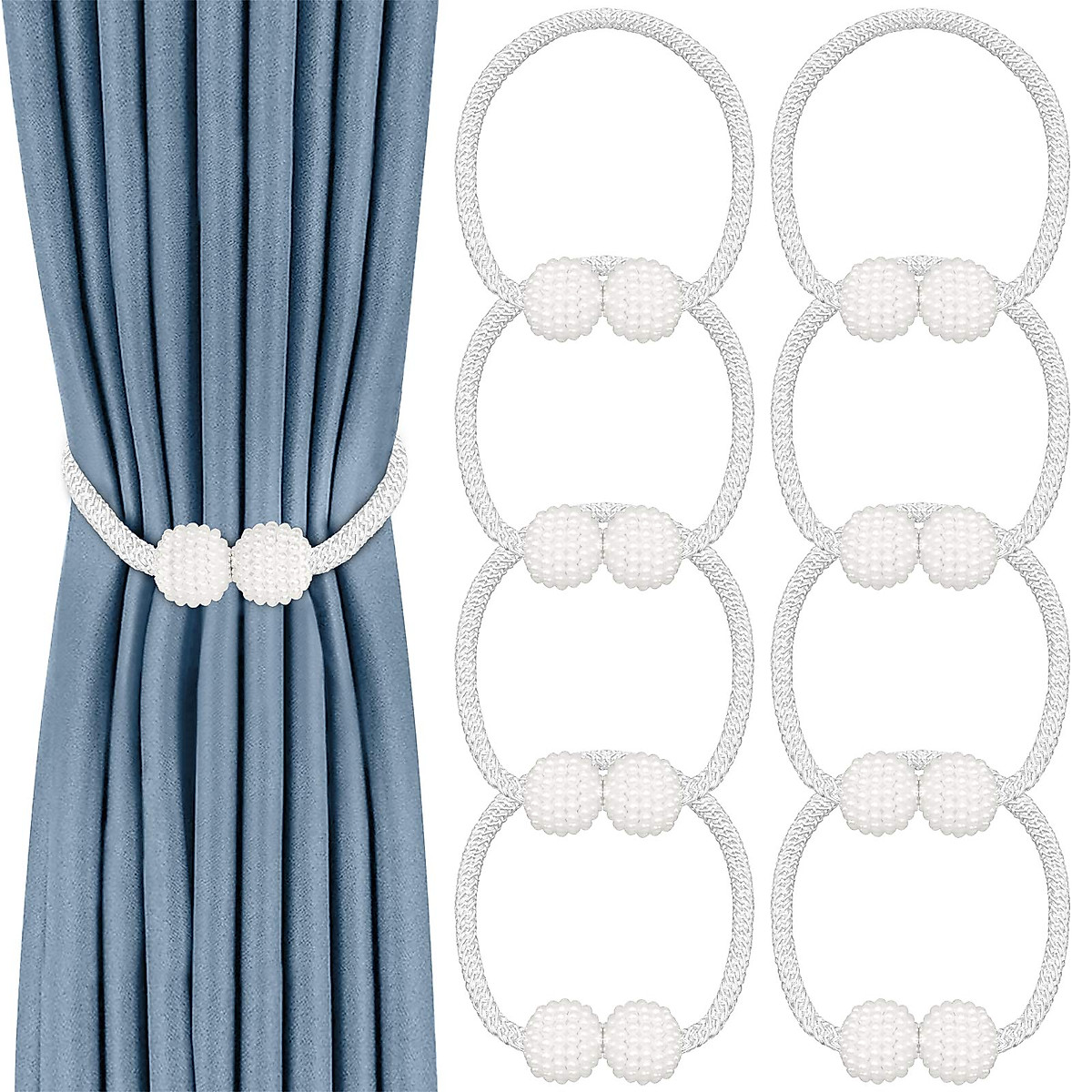 8 Pack Magnetic Curtain Tiebacks,Convenient Drape Tie Backs Decorative Curtain Holdbacks Holder Curtain Tiebacks for Window Draperies, No Tools Required-Pearl Shape (White)